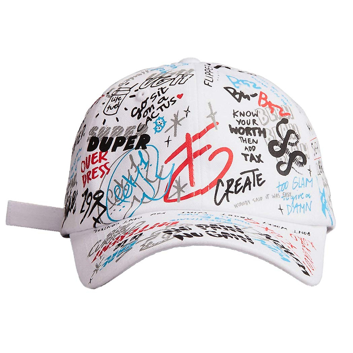 Flipper Designer Graffiti Doodle Cotton Baseball Cap for Men Women, Kpop Hat w/Curve Brim (White/Multi, Free Size)