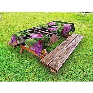 Lunarable Spa Outdoor Tablecloth, Basalt Stones and Orchid Reflecting on Water Greenery Wellbeing Tropical, Decorative Washable Picnic Table Cloth, 58" X 104", Fern Green Lavender