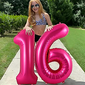 40 Inch Hot Pink 16 Number Balloons Big Giant Jumbo Bright Pink Number Balloon Large Foil Mylar Helium Dark Pink Digital Balloon Sweet 16th Birthday Anniversary Party Decorations Supplies for Girls