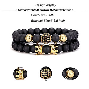 SONNYX 4Pcs 8mm Crown King Charm Beads Bracelet for Men Women Natural Black Matte Onyx Stone Beads Elastic Adjustable