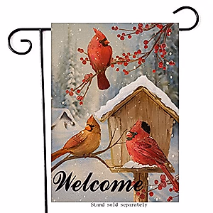 Artofy Welcome Winter Cardinals Red Birds Home Decorative Garden Yard Flag, Birdhouse Berries Tree Branches Outside Decor, Christmas Snow Farmhouse Outdoor Small Seasonal Decoration Double Sided 12x18