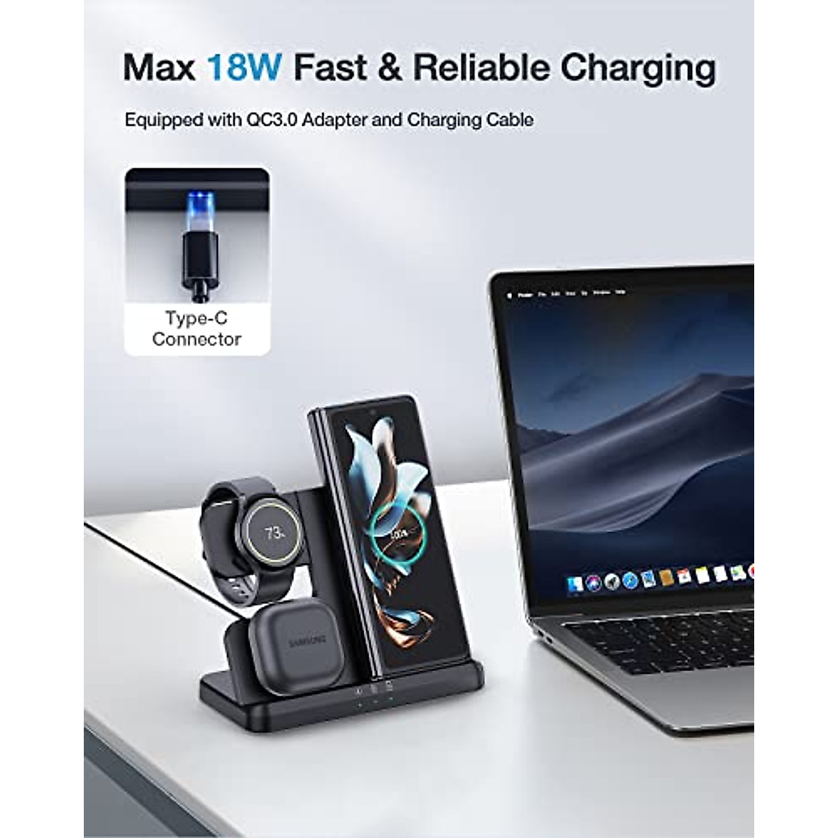 Samsung Wireless Charger, Metmoon 3 in 1 Samsung Charging Station for Galaxy S23 S22 S21 S20 Ultra FE/Note 20 10 9/Z Flip Fold Series, Galaxy Watch 5 Pro/5/4/3/Active 2/1, Buds+/Pro/Live(With Adapter)
