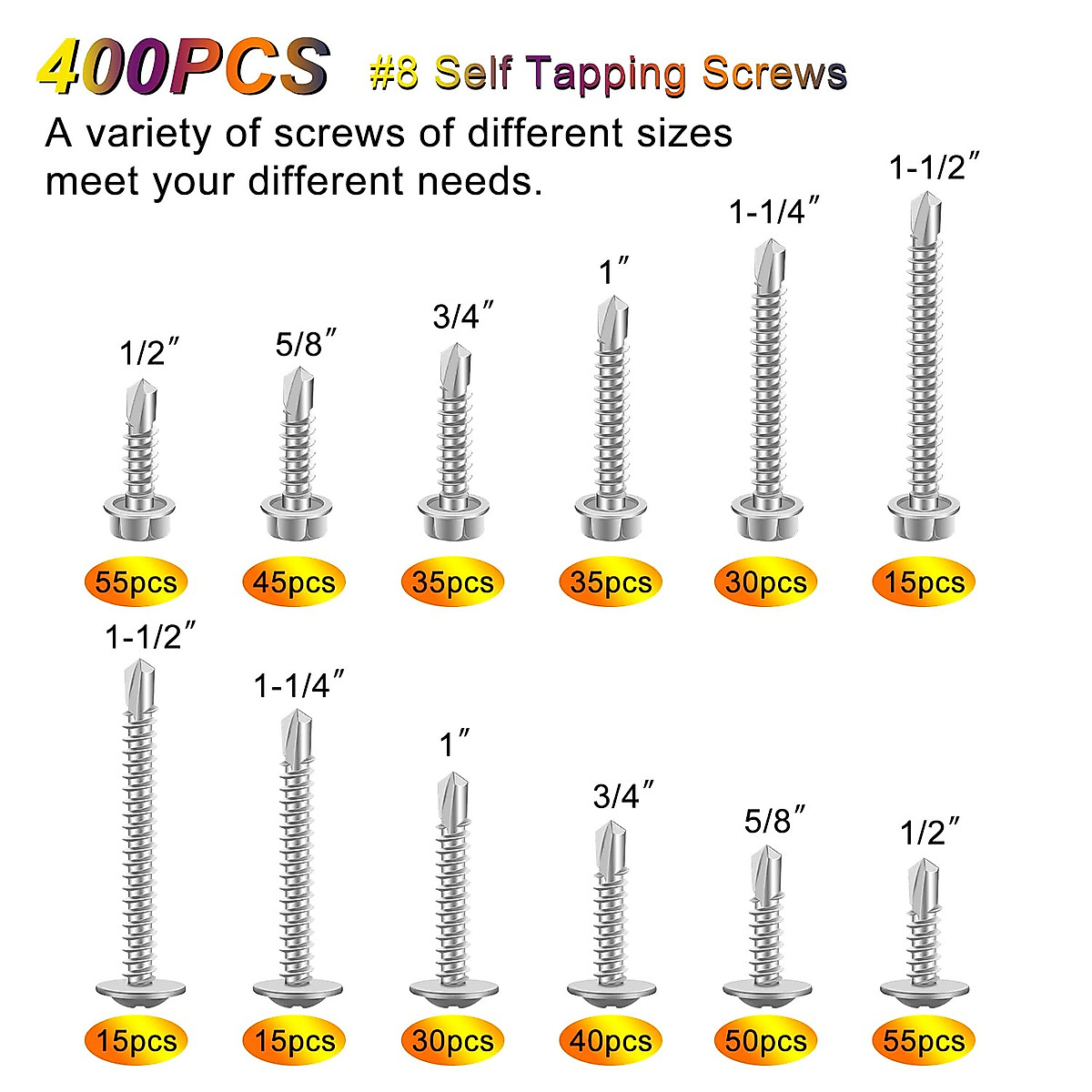 weideer 400pcs #8 Self Tapping Screws Sheet Metal Screws 410 Stainless Steel Truss Head Hex Washer Head Self Drilling Screws High-Strength Quick Tapping Screws (1/2"to1-1/2") K-056-400P