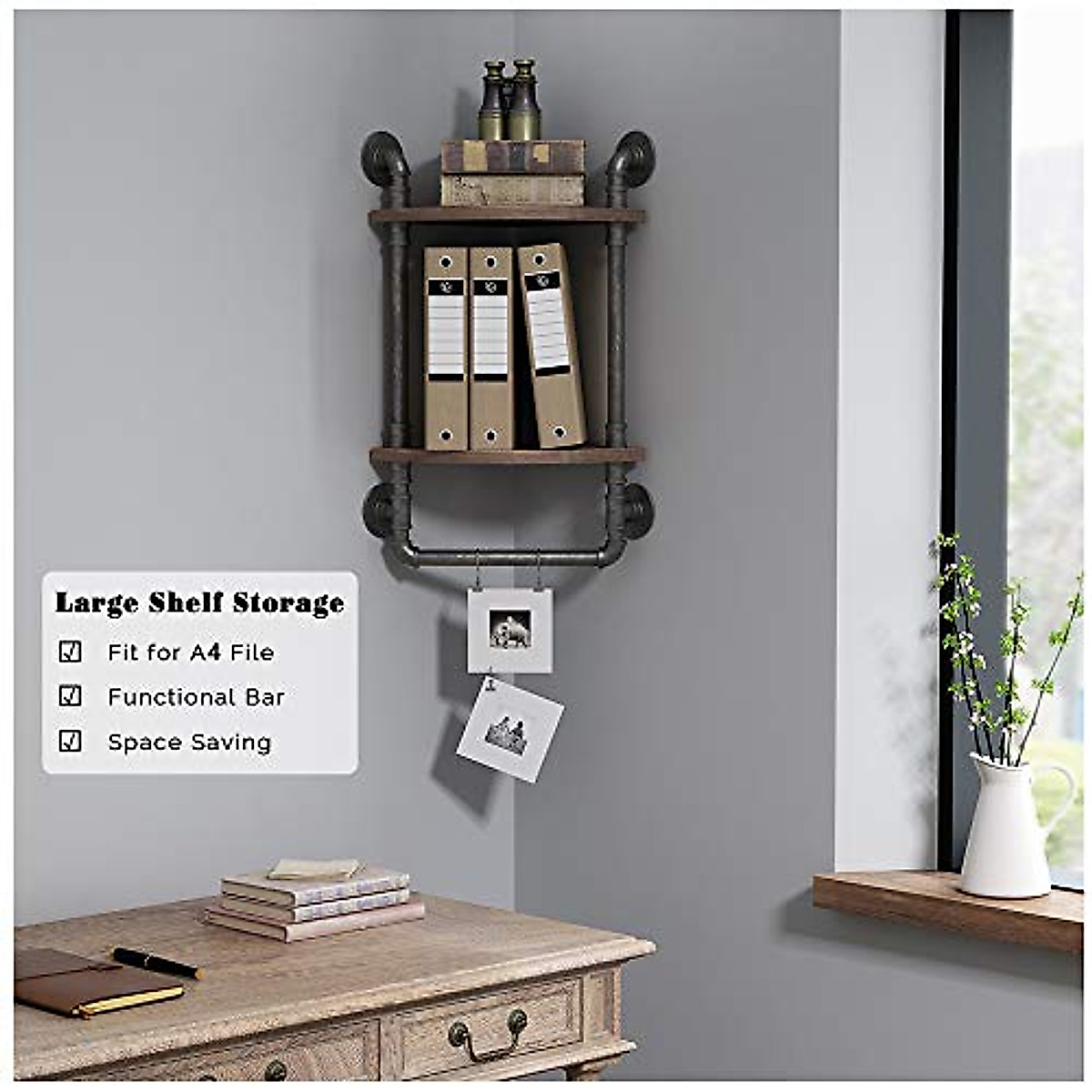 MCleanPin Industrial Pipe Corner Shelves,Rustic Wall Mount Corner Bathroom Shelf 2-Tiers Towel Racks with Towel Bar, DIY Open Bookshelves,Metal Hung Bracket Bookcase, Real Wood Storage Shelving