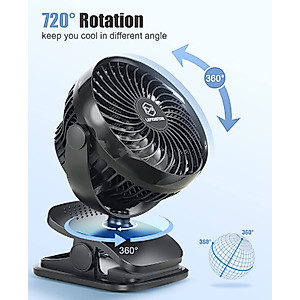 LEMOISTAR AA Battery Operated Clip on Fan, Stroller Fans, USB Powered Portable Desk Fan 4 Speeds Personal Golf Cart, Small Table Fan, Wireless, for Camping Hurricane Office Bed-Black
