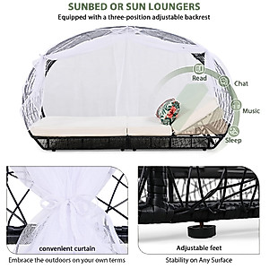 LUMISOL Outdoor Patio Daybed with Curtain, Sunbed with Cushion and Colorful Pillow, 90.55" Wicker Lounge Chairs Backrest Adjustable Recliners for Lawn Garden Poolside, Beige Cushion and Black Wicker