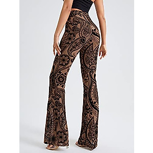 OYOANGLE Women's Bootcut High Waisted Yoga Pants Floral Print Wide Leg Pants Trousers Brown Floral L