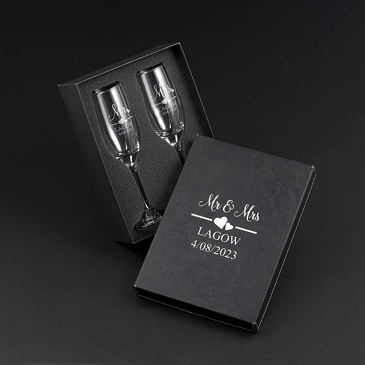 Krezy Case Mr and Mrs Wedding Toasting Champagne Flutes with Box, Set of 2 Glasses With Black Box, Laser engraved Tosting Flutes Engraved Personalized Glasses for Bride and Groom