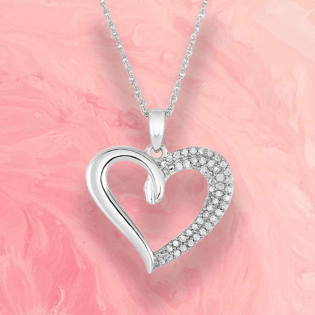 NATALIA DRAKE Double Row 1/4 Cttw Diamond Heart Necklace for Women in Rhodium Plated 925 Sterling Silver Color H-I/Clarity I1-I2
