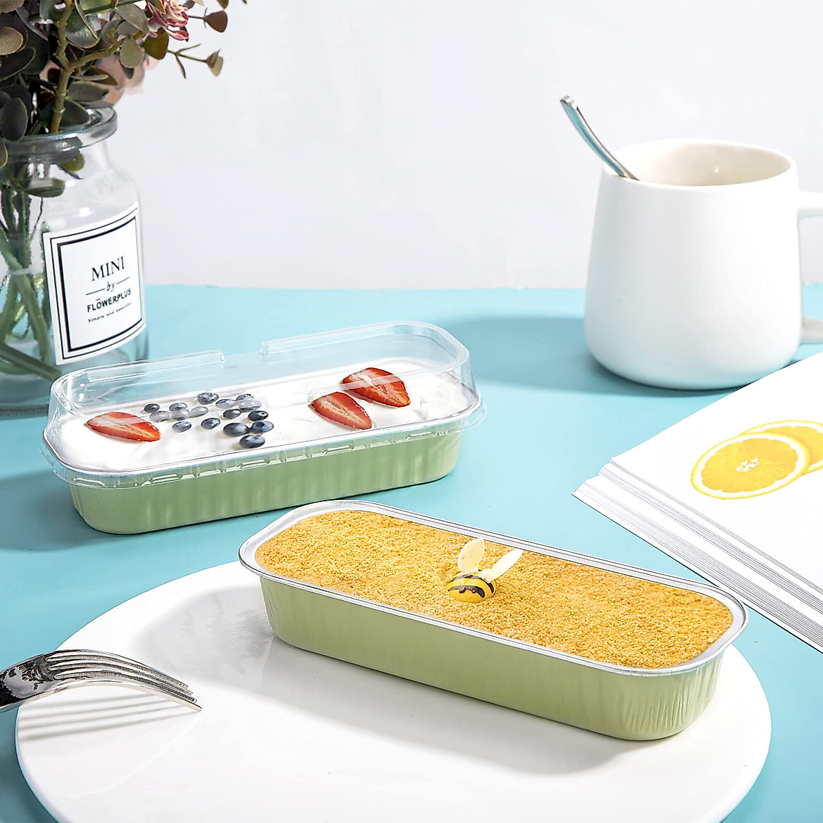 EUSOAR Foil Ramekins with Lids, 50pcs 6.8oz 6.5"x2.5"x1.2" Disposable Aluminum Baking Cups Pan with Lids, Rectangle Cupcake Containers Wrappers，Dessert Cheesecake Creme Brulee Pan