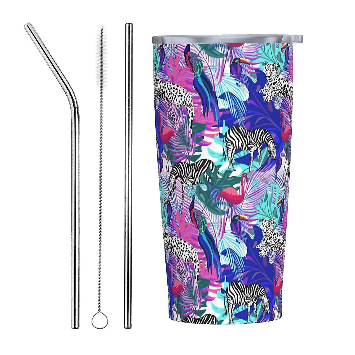 20oz Tumbler Leopard Hippo Peacock Double Wall Vacuum Insulated Coffee Mug with Lid and Metal Straw Brush Reusable Stainless Steel Water Bottle Travel Cup Gifts for Car Ice Drinks Hot Beverage