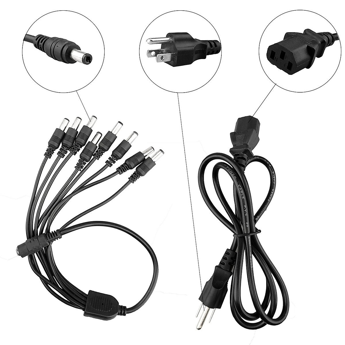 EWETON Power Adapter 12V 6A 72W 3-Pin Plug 100V-240V AC to DC 2.1x5.5mm w/ 8-Way Power Splitter Cable & DC Power Jack Connector Power Supply for CCTV Security Camera DVR, LED Strip Lights