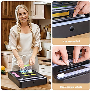 CiWiVOKi Storage Bag Organizer for Drawer, 6 in 1 Foil and Plastic Wrap Dispenser with Cutter, Plastic Kitchen Organizers and Storage for Sandwich Snack Gallon Quart Bags and 12" Aluminum Foil, Black