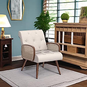 POINTANT Rattan Accent Chair Modern Chair with Rattan Arms Reading Side Mid Century Chair Living Room Chair Boho Chair with Wooden Frame for Home Bedroom Beige