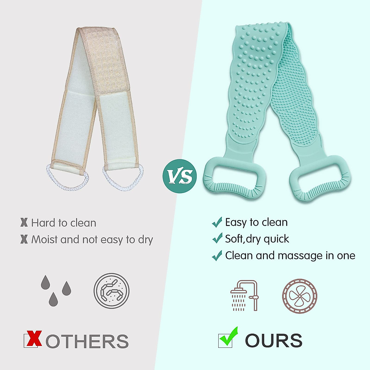 JefDiee Silicone Back Scrubber for Shower, Lengthen & Soft Back Washer, Bath Body Brush with Handles for Deep Cleaning, Exfoliating and Massaging, Improve Your Blood Circulation, Body Scrubber (Green)