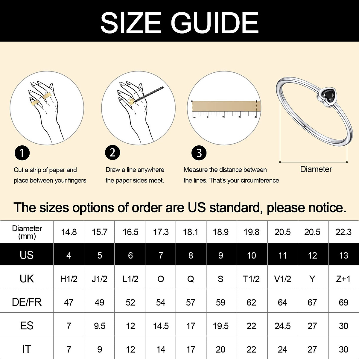 FOCALOOK 925 Sterling Silver Ring for Women, Heart Black Cubic Zirconia CZ Eternity Simple Stackable Engagement Wedding Promise Band Ring for Her Size 9