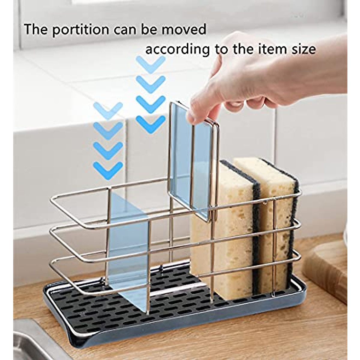 GUOJOZO Stainless Steel Sponge Holder for Sink Kitchen Sink Organizer,Sink Tray Drainer Rack for Countertop Or Wall-Stick with Dish Drainer Keep Dry (Black)