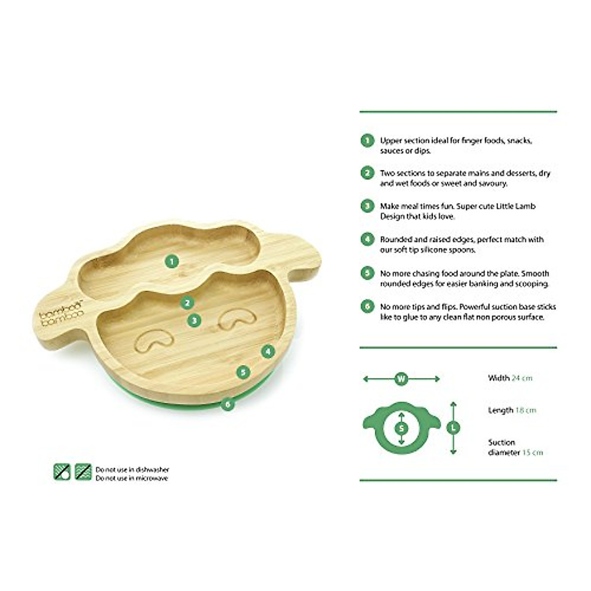 Bamboo Baby Plate with Suction - Kids and Toddler Suction Cup Plate for Babies, Non-toxic All-Natural Bamboo Baby Food Plate Stays Cool to the Touch for Baby-Led Weaning (Lamb - Green)