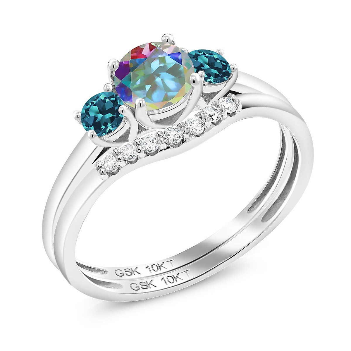 10K White Gold Mercury Mist Mystic Topaz and London Blue Topaz and White Lab Grown Diamond 3-Stone Bridal Engagement Wedding Ring Set For Women (0.88 Cttw, November Birthstone, Round 5MM, Size 9)
