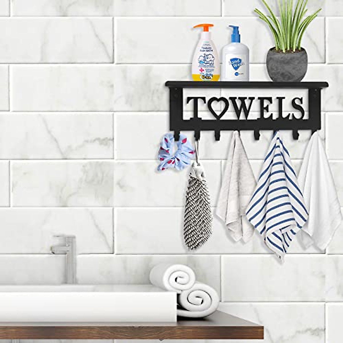 Towel Rack with Metal Shelf for Bathroom Wall Mounted Towel Holder with Hooks Towel Hanger Towel Storage Wall Decor for Bedroom, Living Room, Kitchen (8 Hooks, Black)