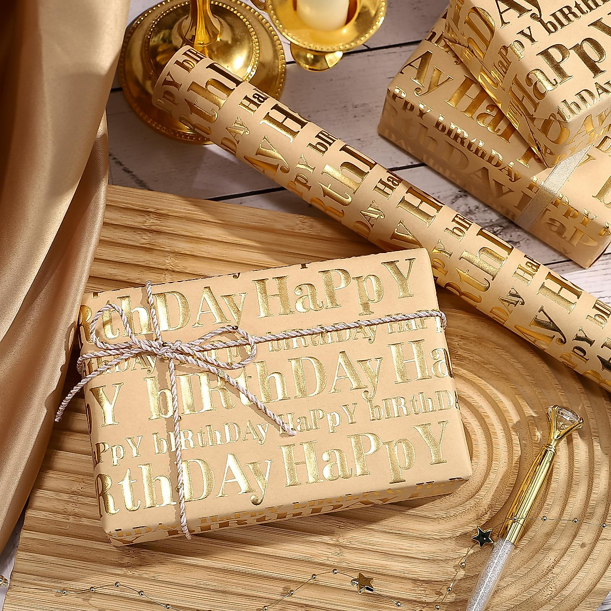 WRAPAHOLIC 3D Kraft Birthday Wrapping Paper Roll - Mini Roll - 17 Inch x 16.5 Feet - Gold and Brown Happy Birthday Lettering Design with Embossed Perfect for Holiday, Party Celebration