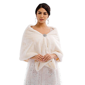 Jovono Women's Bride Wedding Faux Fur Shawl Wrap Bridal Fur Scarf Fur Wraps and Shawls for Women (Ivory)