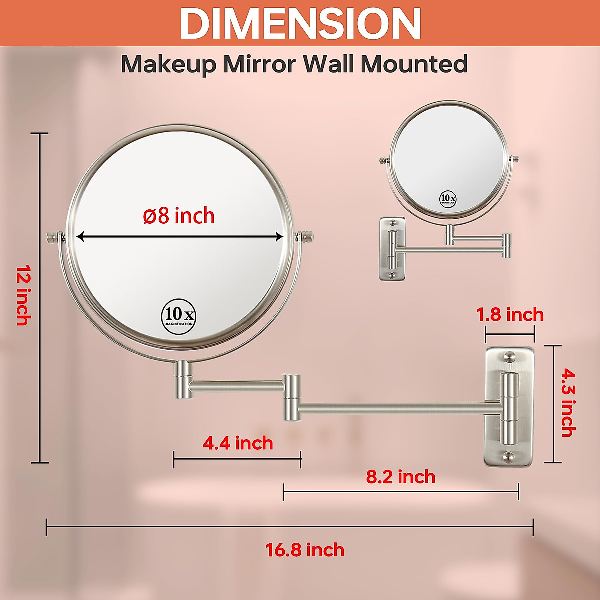 Erlingeryi 8" Wall Mounted Makeup Mirror 1X/ 10x Magnifying Mirror Double Sided Vanity Makeup Mirror for Bathroom Nickel Brush Finish