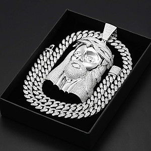 TUHE Oversize 3D Hip Hop Religious Jesus Head Pendant Necklace 18K Gold Plated AAA CZ Iced Out Chain Necklace for Men Women, Bling Bling Jewelry Charm Necklace with 24in Big Size Iced Out Cuban Chain…