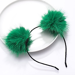 VOGUEKNOCK St Patrick's Day Headband Green Fluffy Ball Hair Loop Costume Pompom Ball Rabbit Ear Headband Fur Hair Jewelry (Green)