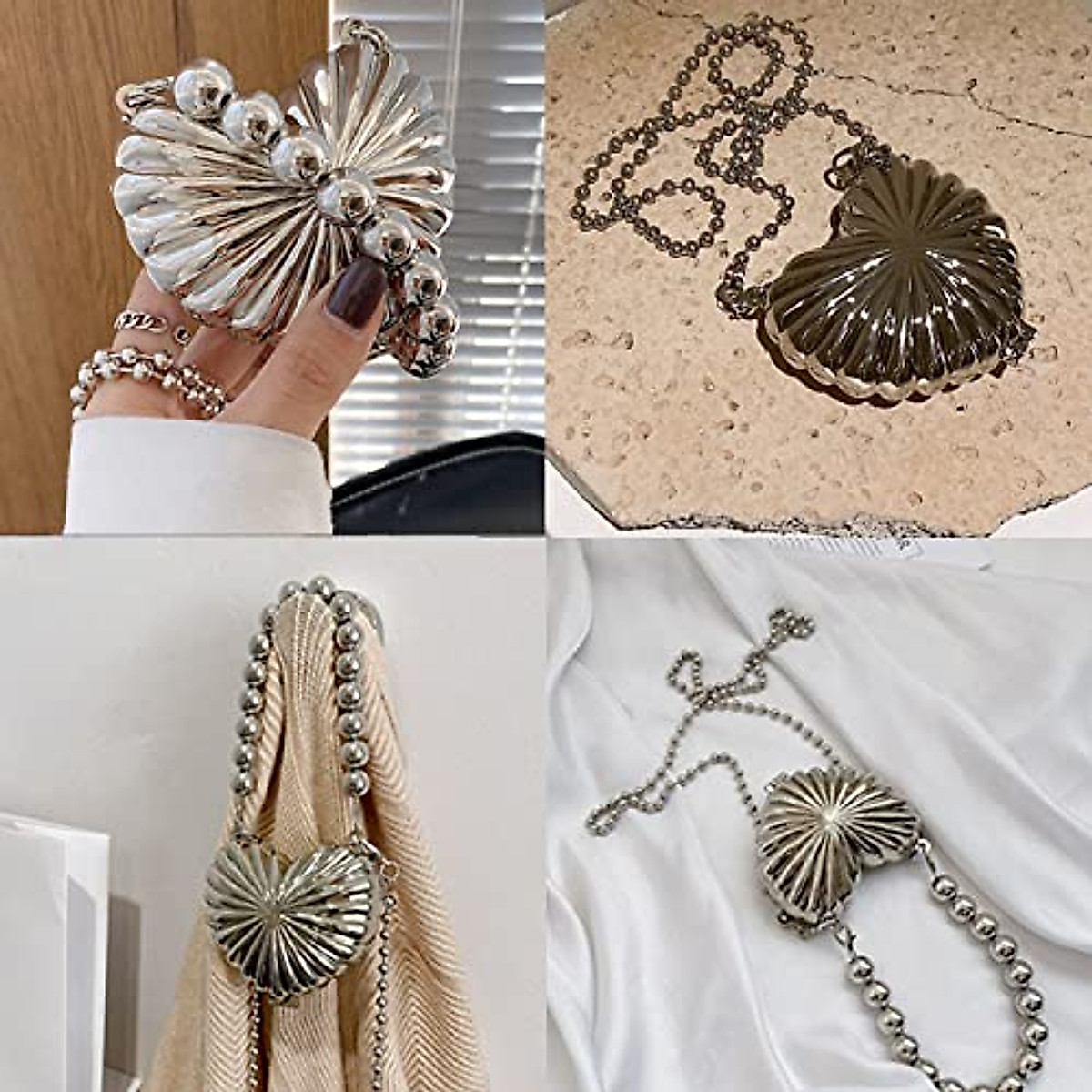 Zenosy Silver Clutch Purses for Women Glitter Evening Bags Ladies Mini Handbags with Detachable Pearl Chain for Wedding Party