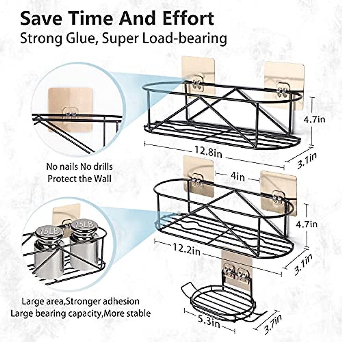 Ekero Shower Caddy Shower Organizer Shelf,Rustproof Shower Rack,No Drilling Shower Basket Adhesive Wall Mounted,Soap Holder with Hooks,Shower Storage for Bathroom Shower Kitchen 3-pack Black