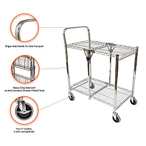 LUXOR WSCC-2 Two-Shelf Collapsible Wire Utility Cart with Wheels, Push Heavy Duty,Holds 200 Pounds and Folds Up for Storage, 37"W x 18.25"D x 30.5"H