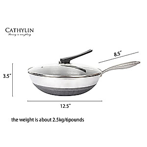 CATHYLIN Wok Pan Stainless Steel Stir-fry Wok with Lid 12.5" Non Stick Skillet with Stay-cool Handle PFOA Free Suitable for Induction, Ceramic, Electric, and Gas Cooktops