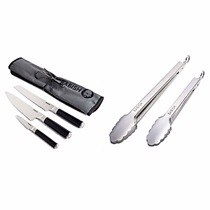 Babish German High-Carbon 1.4116 Steel Cutlery, 3-Piece w/Knife Roll & 12” & 9” Locking Kitchen Tong Set, Stainless Steel