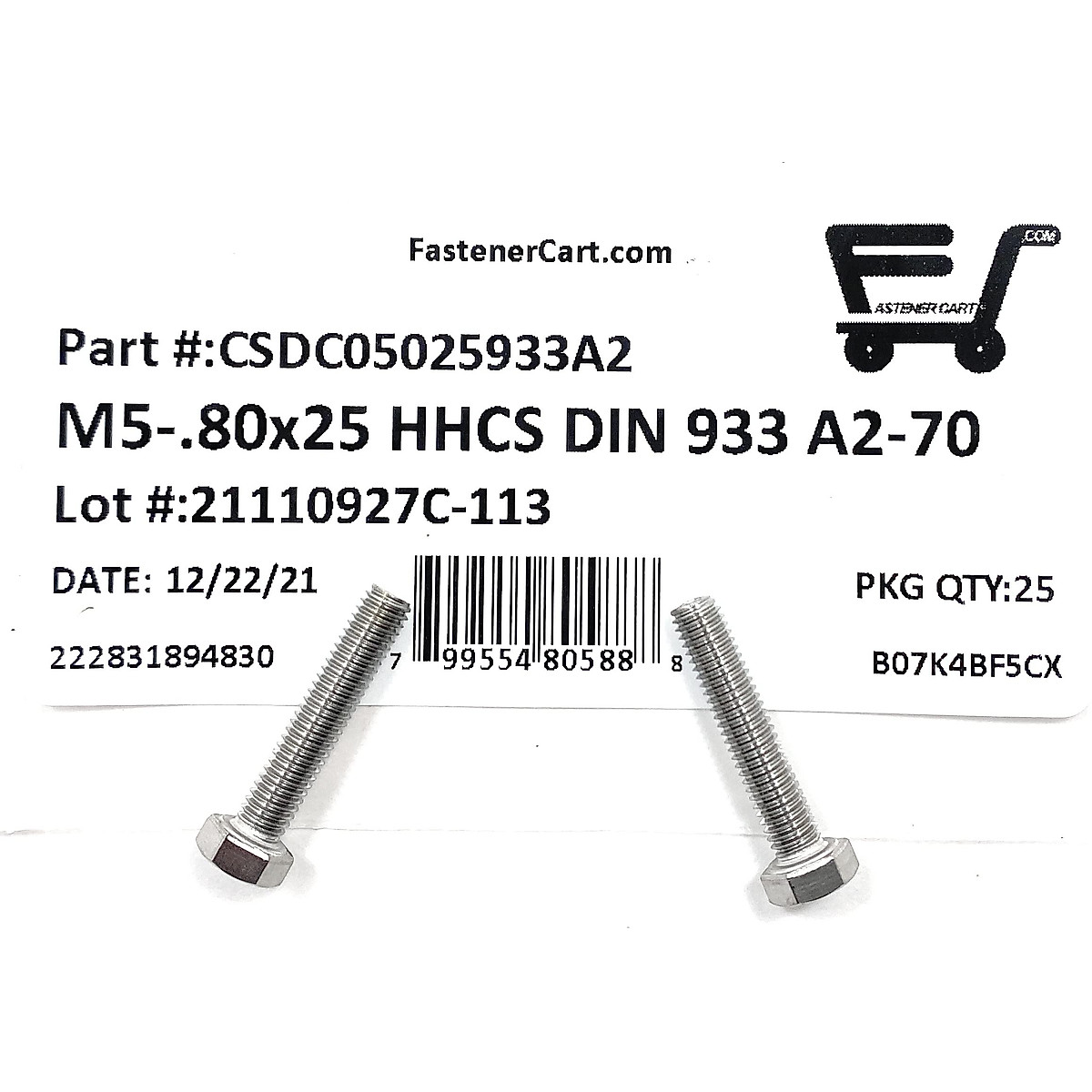 M5-.80 X 25 Hex Head Cap Screw Hex Bolts DIN933 (M5x25) Full Thread A2-70 Stainless Steel (25 Pieces)