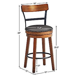 COSTWAY Bar Stools Set of 2, 360-Degree Swivel Stools with Leather Padded Seat, Single Slat Ladder Back & Solid Rubber Wood Legs, Counter Height Stools for Pub, Restaurant, Kitchen, Brown (2, 25.5)