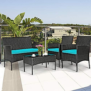 DORTALA 4 Pieces Rattan Patio Furniture Set, Practical Conversation Set w/Tempered Glass Top Table, Outdoor Wicker Sofa Set w/Removable Cushions for Poolside, Backyard