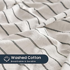 Wake In Cloud - Striped Cotton Duvet Cover Set, Ticking Stripe Vertical Pinstripe Farmhouse, 100% Washed Cotton Textured Percale Bedding Set, 3 Pieces, White, King Size
