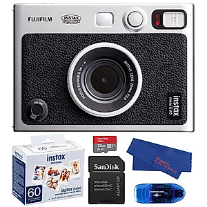 Fujifilm INSTAX Mini EVO Hybrid Instant Camera (Black) Bundle, Includes: 60 INSTAX Mini Film (60 Exposures), SanDisk 32GB MicroSDHC Memory Card and More (5 Items)