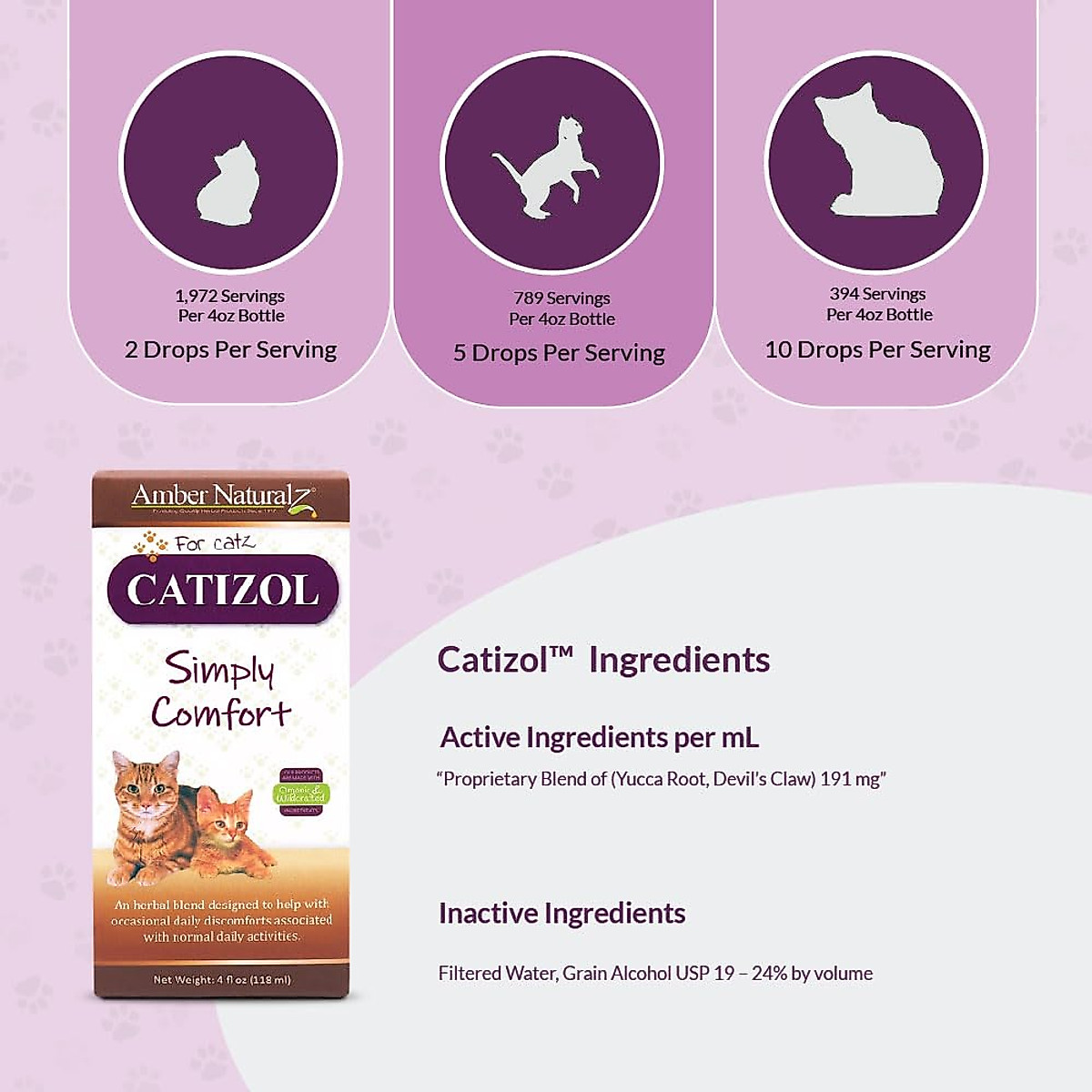 Amber NaturalZ Catizol Simply Comfort Herbal Supplement for Cats | Feline Support for Occasional Discomforts and Normal Body Temperature | 4 Fluid Ounce Glass Bottle | Manufactured in The USA