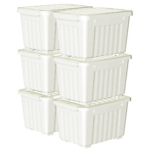 Cetomo 55L*6 Plastic Storage Box,White, Tote box,Organizing Container with Durable Lid and Secure Latching Buckles, Stackable and Nestable, 6Pack, with Buckle