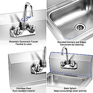 Giantex Stainless Steel Hand Washing Sink, Commercial Sink with Faucet, Strainer, Back Splash, Commercial Wall Mount Hand Basin for Restraunt, Bar, Store, 17" x 15"
