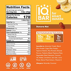 IQBAR Brain and Body Plant Protein Bars - Banana Nut - 12-Count Low Carb - Gluten Free, High Fiber, Vegan Snacks - Low Sugar Meal Replacement