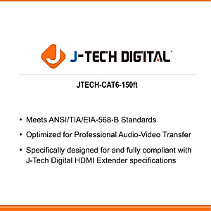 J-Tech Digital Cat6 Ethernet Cable 150 Ft Solid 23AWG UTP 100% Pure Copper for Network and High Performance Video and Audio Transmission [JTECH-CAT6-150ft]