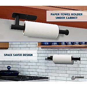 LEVENWAY- Under Cabinet Paper Towel Holder – Available in Screws and Self Adhesive Paper Towel Hanger Sturdy and Durable, Stainless Steel Polished Kitchen Roll Holder Wall Mount (Black)