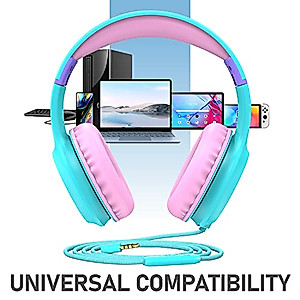 FosPower Kids Headphones (Safe Volume Limit 85 dB), Childrens Headphones Over The Ear with Built-in Mic, 3.5mm Tangle-Free Cable for Boys/Girls/School - Mint/Pink