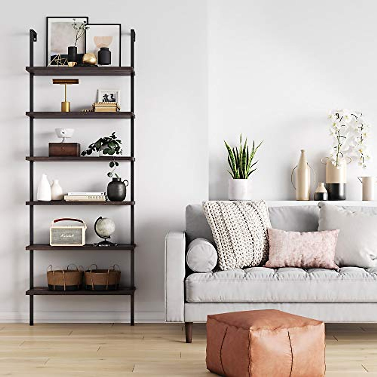 Nathan James Theo 6-Shelf Tall Bookcase, Wall Mount Bookshelf with Natural Wood Finish and Industrial Metal Frame, Nutmeg/Matte Black