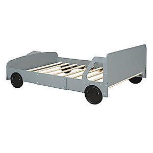 Harper & Bright Designs Full Size Car Bed for Kids, Wood Platform Bed with Wheels, Headboard and Footboard, Race Car Bed Frame with Slats Support for Boys Girls, Gray