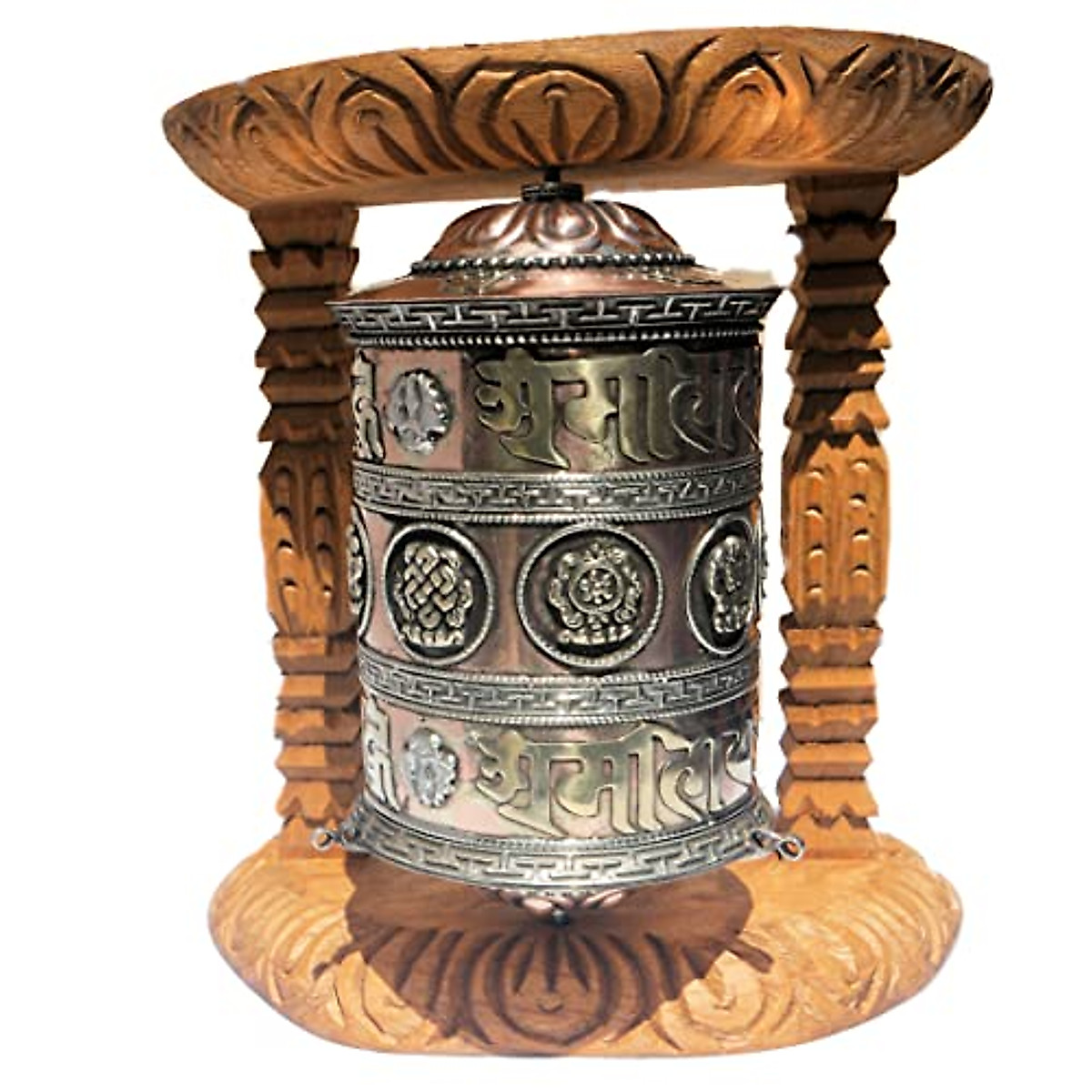 Large Tibetan Prayer wheel with wood frame 8 Auspiciouse symbol and Om Mane Pad mei hum, Hang it or sits in flat surface,handcrafted by Himalayan artisan in Nepal