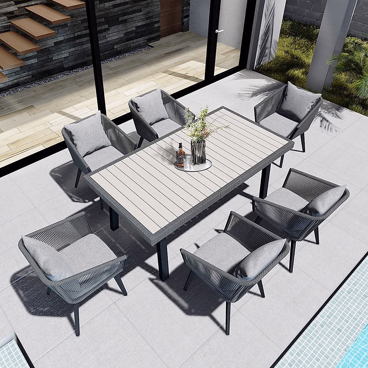 Home Care Wholesale 7 Pieces Patio Dining Set for 6 - All Weather Outdoor Dining Sets, All in One Outdoor Table and Chairs, Wicker Outdoor Patio Furniture Sets with Cushions and Pillows, Grey